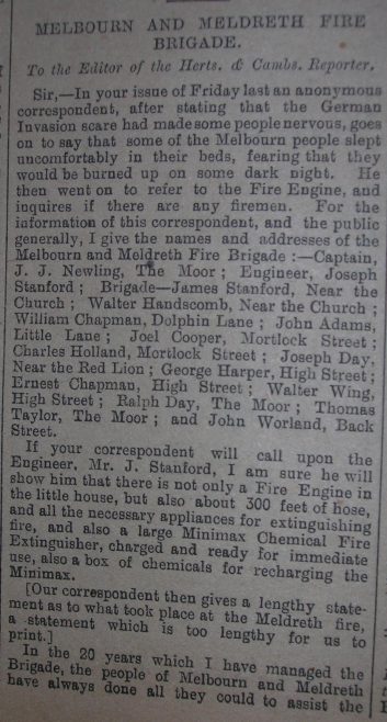 Newspaper Correspondence about the Melbourn and Meldreth Fire Brigade ...